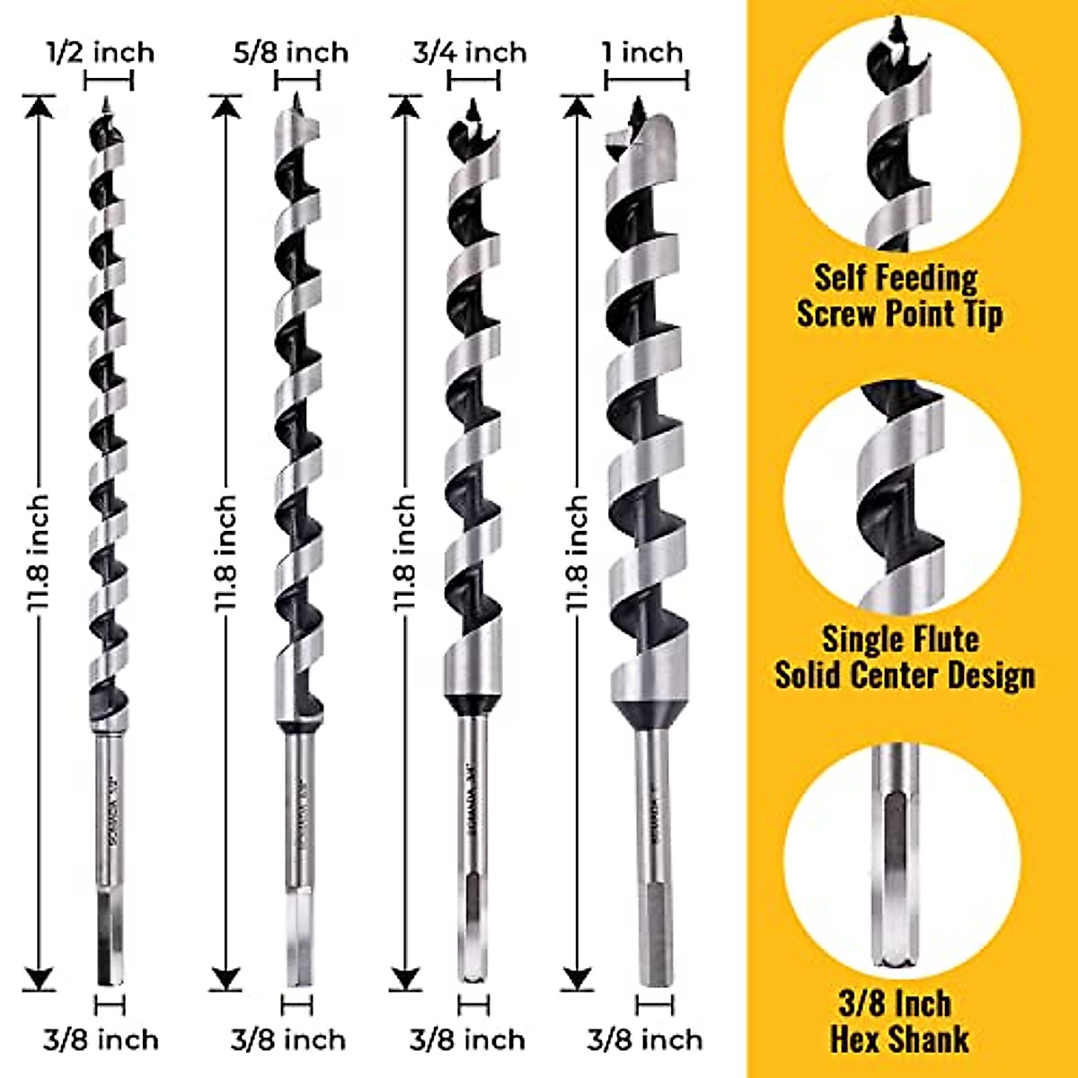 SOMADA Long Auger Drill Bit Set for Wood -4 Pcs, 1/2-Inch, 5/8-Inch, 3/4-Inch, and 1-Inch Diameter with 12-Inch Long Hex Shank, Ship Auger Bit Set