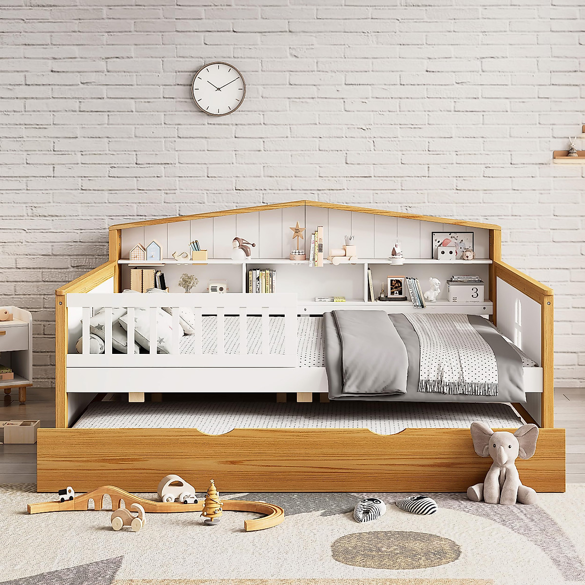 MERITLINE Full Size Daybed with Trundle and Bookcase Headboard, Wood Daybed Sofa Bed with Charming House-Shaped Design,Kids Bed Frames with Windows and Safety Rails,Walnut and White