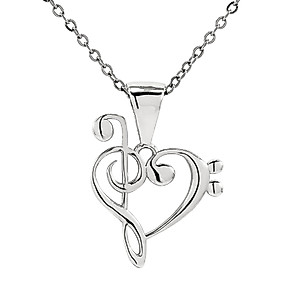 925 Sterling Silver Treble and Bass Clef Heart Pendant With 22" Hypoallergenic Cable Chain Necklace