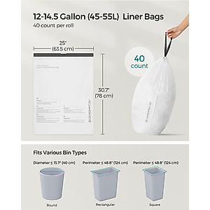 SONGMICS Trash Bags for 12-14.5 Gallon (45-55L) Trash Cans,80 Count Drawstring Kitchen Garbage Bags, Pre-Separated, Liner Code 055A01, 2 Rolls,White UKRB055A02