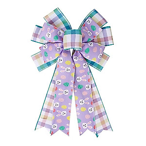 SIMISI RIBBON Easter Large Wreath Bow Burlap Wired Ribbbon Bow with Bunny Eggs Door Ornaments for Easter Day Gift Wrapping Party Decorations, 11x17.7 inch
