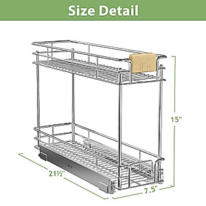 ROOMTEC Pull Out Cabinet Organizer With Wooden Handle 7½" W x 21½" D 2-Tier Cabinet Drawer Pull Out Shelves Under Cabinet Storage for Kitchen