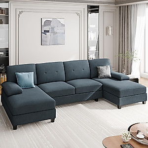 Meilocar Sectional Couches for Living Room, 4 Seat Sofa Set U-Shaped Couch with Double Wide Chaise, 106in Sofa Modern Fabric Large Couch with Oversized Seats (Grey)