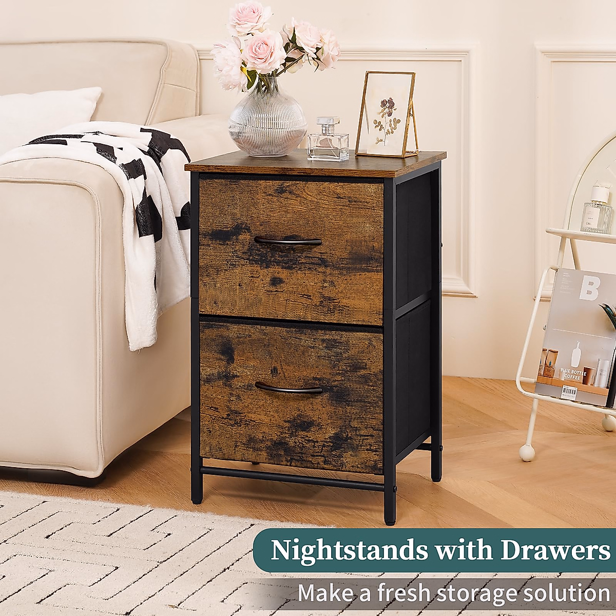 Yoobure Night Stand Set 2, Nightstand with 2 Fabric Drawers, Small Wood Nightstands for Bedroom, Bedside Tables with Drawers for Small Spaces, Large Storage Drawers Dresser for Dorm Bed Side Table