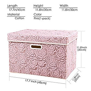 PRANDOM Larger Collapsible Storage Bin with Lid [1-Pack] Fabric Decorative Storage Box Cube Organizer Container Baskes with Handles Divider for Bedroom Closet Living Room Pink 17.7x11.8x11.8 Inch
