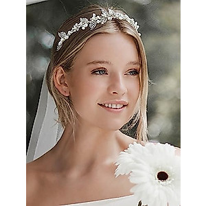 SWEETV Pearl Bridal Headband Silver Tiara for Bride Headpiece Crystal Leaf Wedding Hair Accessories Jewelry Tiaras for Women