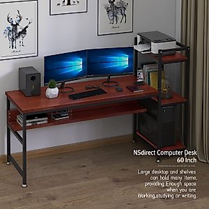NSdirect 60" Large Computer Desk with 4 Tier Storage Shelves, Office Desk Computer Table Studying Writing Drawing Modern Desk for Home Workstation with Bookshelf and Tower Shelf, Red