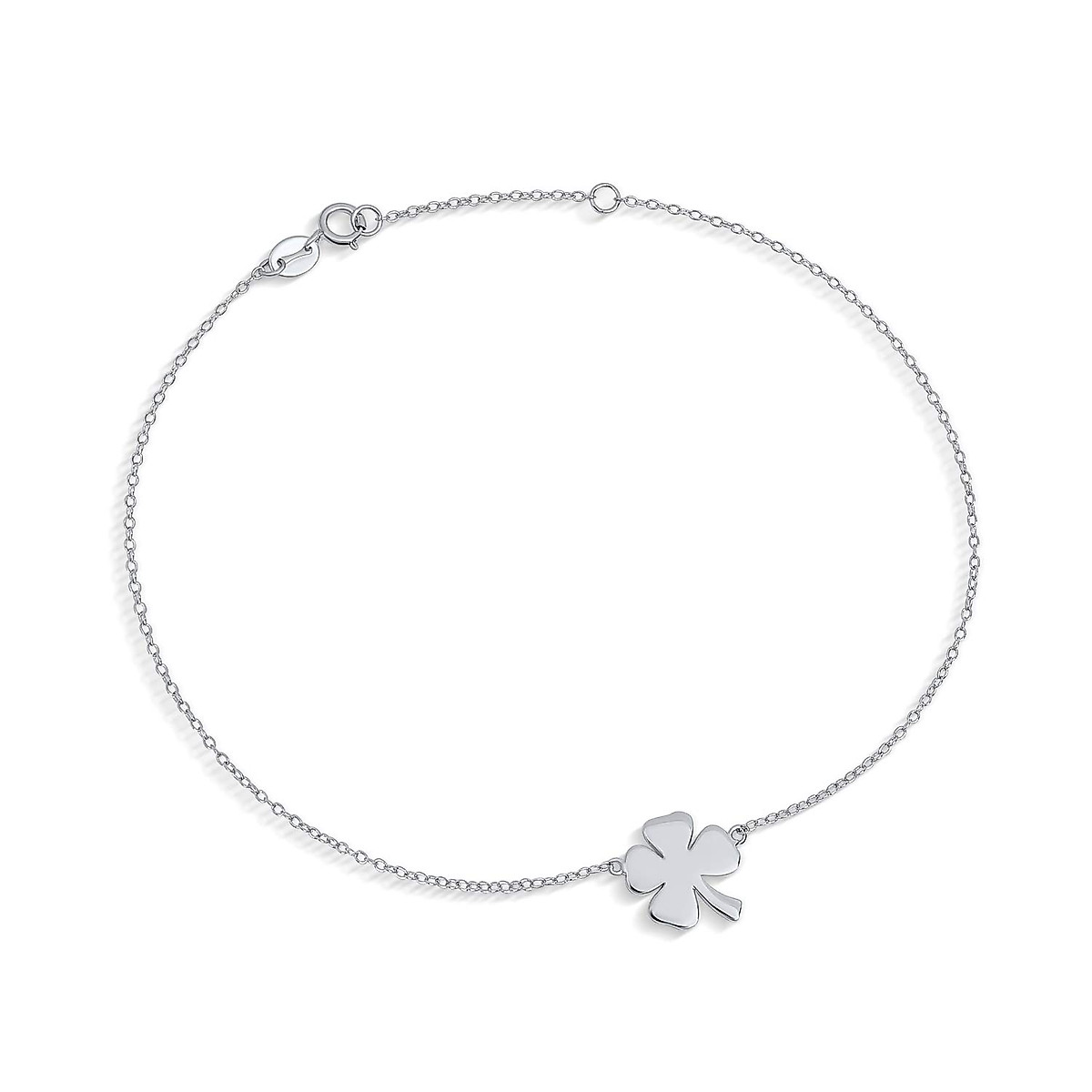 Four Leaf Shamrock Flower Anklet Lucky Charm Clover Ankle Bracelet For Women Teens Curb Link .925 Sterling Silver 9 To 10 Inch With Extender Adjustable