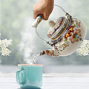 Saihisday 2.5L White Flowered Tea Kettle with Ceramic Handle, Floral Ceramic Enamel Teapot for Stovetop, No Whistle