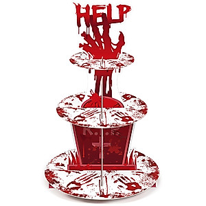 Sliner 3 Tier Halloween Bloody Cupcake Stand Party Decorations Bloody Handprint Cupcake Holder Halloween Bloody Help Cake Holder Bloody Theme Dessert Stand for Halloween Horror Scary Party Supplies