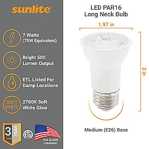Sunlite LED PAR16 Long Neck Recessed Spotlight Bulb, 7 Watt, (75W Halogen Replacement), 500 Lumens, Medium (E26) Base, Dimmable, ETL Listed, 2700K Soft White, 6 Pack
