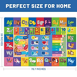 Mhconneaty Kids Play Mat Kids Rug for Playroom, 78.7x59 Inches Floor Mat for Baby Play Mat Playtime Collection ABC, Numbers, Animals, Month, Season Educational Area Rug for Kids Room Classroom