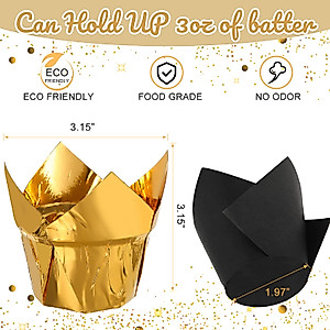 Queekay Tulip Cupcake Liners for Baking Muffin Aluminum Foil Paper Baking Cups Disposable Cupcake Wrappers Greaseproof Muffin Liners for New Year Wedding Baby Shower Xmas(Gold, Black, 160 Pcs)