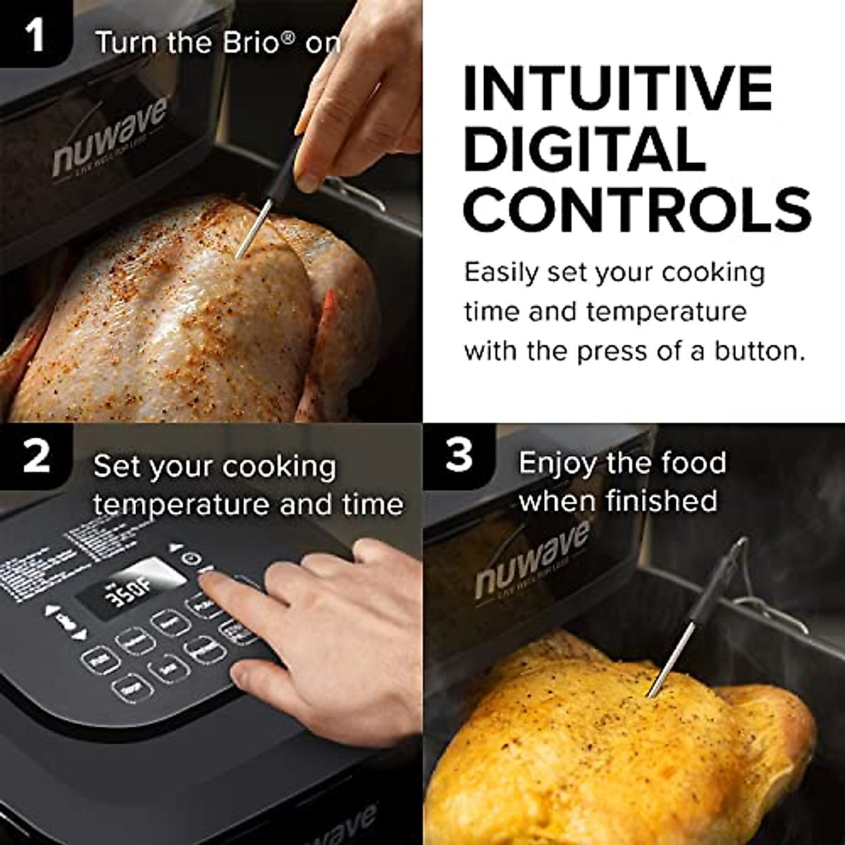NUWAVE Brio 8-Qt Air Fryer, Powerful 1800W, Easy-to-Read Cool White Display, 50°-400°F Temp Controls, 100 Pre-Programmed Presets & 50 Memory Slots, Integrated Smart Thermometer, Linear T Technology