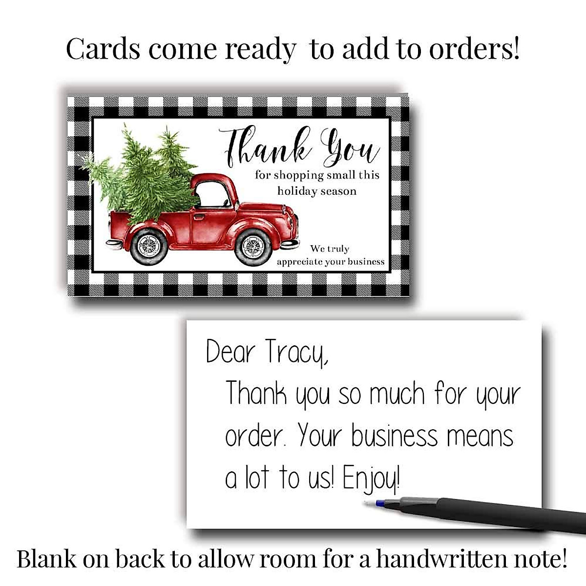 Black Buffalo Plaid Red Watercolor Pickup Truck Christmas Holiday Customer Appreciation Package Inserts for Small Businesses, 100 2" X 3.5” Single Sided Insert Cards