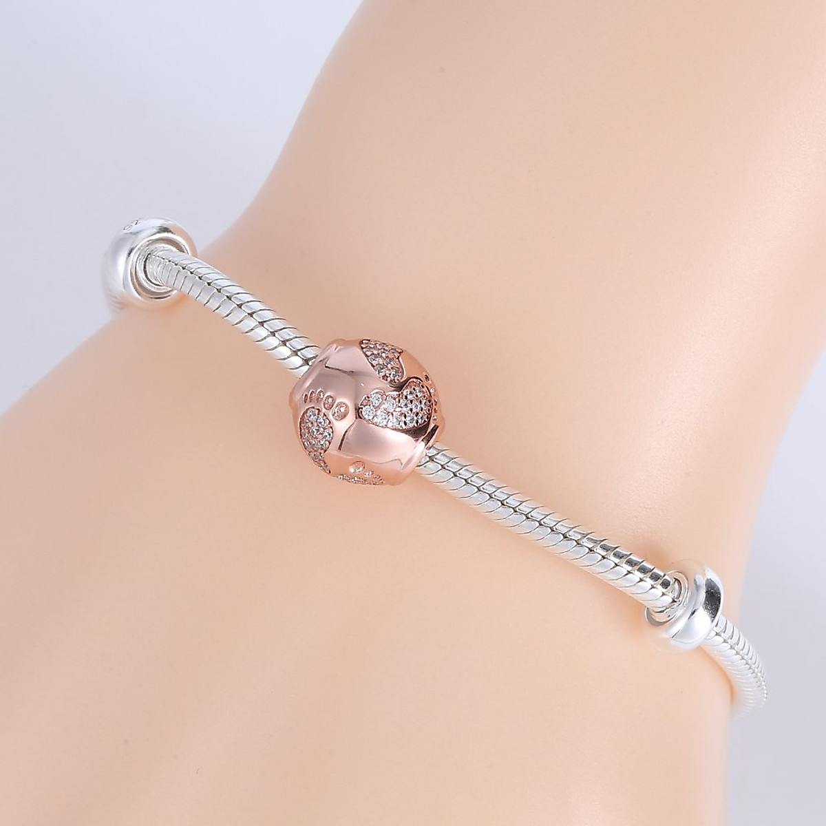 Rose Gold Baby Footprint Charm 925 Sterling Silver New Baby First Step Charms with Clear Cubic Zircon Round Bead Charms for Pandora European Charms Bracelet