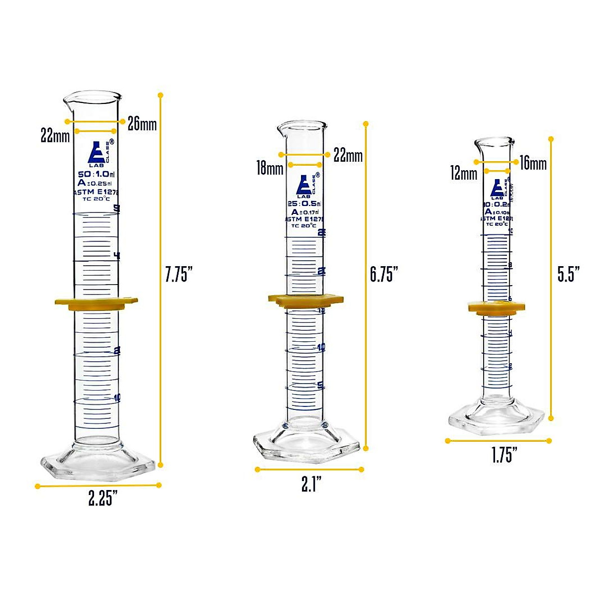 EISCO Premium Graduated Cylinder Set - 10mL, 25mL & 50mL - ASTM, Class A - Protective Collars, Hexagonal Base - Blue Graduations - Borosilicate 3.3 Glass