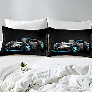 Racing Car Bedding Set for Boys Kids Teens Men Extreme Speed Sports Themed Comforter Cover Competition Bedroom Decor Full Size 3 Pcs (1 Duvet Cover +2 Pillow Shams), Luxury Black
