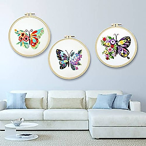 HaiMay 4 Sets Embroidery Starter Kit with Pattern and Instructions, Cross Stitch Kit Include 4 Embroidery Clothes with Butterfly Pattern, 4 Bamboo Embroidery Hoops, Color Threads and Tools