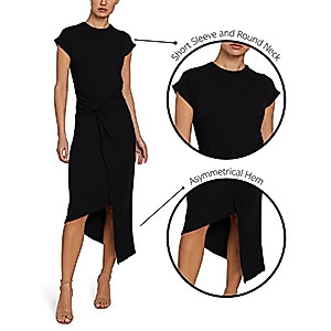 LAUNDRY BY SHELLI SEGAL Women's Midi Cap Sleeve Asymmetrical Knot Front Dresses, Black, Medium