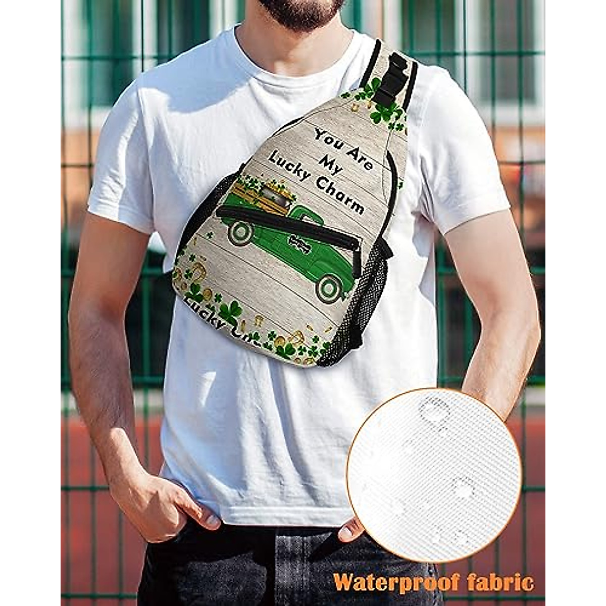 Sling Backpack, St. Patrick's Day YOU ARE MY KUCKY CHARM Shamrock Dwarfs Wood Grain Waterproof Lightweight Small Sling Bag, Travel Chest Bag Crossbody Shoulder Bag Hiking Daypack for Women Men