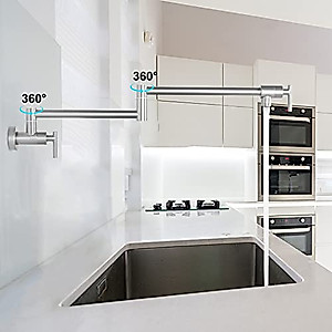 Launceter Pot Filler Faucet, Wall Mount Pot Filler Solid Brass Brushed Nickel Kitchen Faucets, Double Joint Swing Arm Kitchen Sink Pot Filler Faucets, Single Hole with 2 Handles(Brushed Nickel)