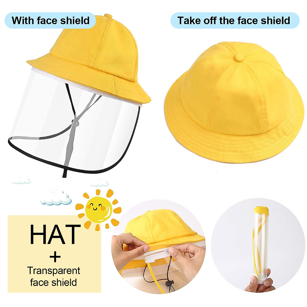 Kids Sun Hats with Removable Full Face Visor,Anti-dust UV Protective Bucket Hat Yellow