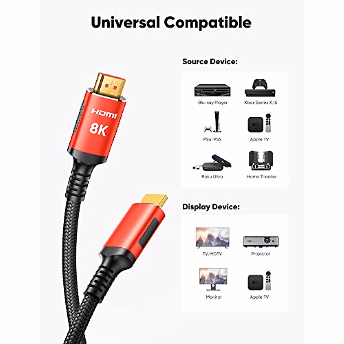 Snowkids 8K HDMI Cable 2.1 10FT 2-Pack, 48Gbps Ultra High Speed HDMI Braided Cord (8K@60Hz 7680x4320, 4K@120Hz) HDCP 2.2&2.3, eARC,HDR10, Dynamic HDR, Compatible with Roku TV/HDTV/PS5/Blu-ray