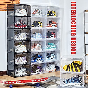 EZLucky 3 Pack Large Shoe Boxes Clear Plastic Stackable, Side Open Shoes Organizer with Magnetic Door, Clear Shoe Boxes Stackable for Display Sneakers, Fit Shoe Size Up to US 15 (14.2x11x8.7in)