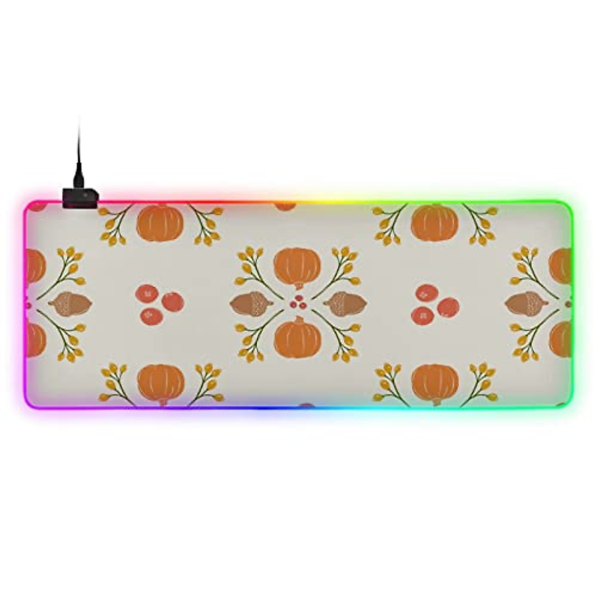 Large RGB Gaming Mouse Pad Pumpkin Acorn Cranberry Damask Glowing Extended Mousepad, Soft Anti-Slip Rubber Base Luminous Mouse Mat for Pc Laptop, Gaming, Office, Home