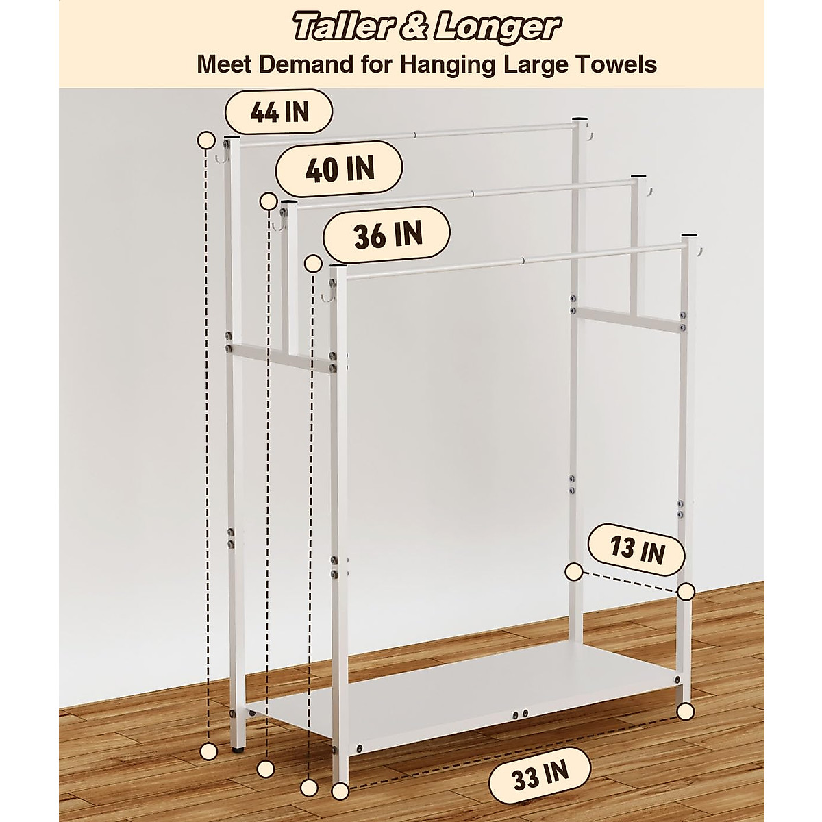Mondazie 44” Tall Free Standing Towel Racks with 6 Hooks for Bathroom, 3 Tiers Oversized Pool Bath Towels Drying Stand, Metal Blanket Ladder Holder with Storage Shelf for Bedroom Living Room, White