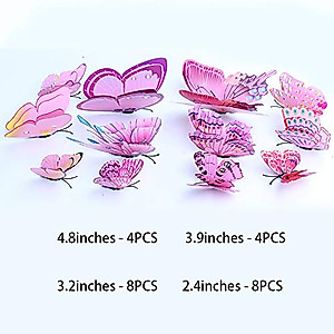 Somotersea 24PCS 3D Butterfly Wall Decals Removable Butterfly Decor for Girls Stickers Kids Bedroom and Room Decoration Art Mural Double Wings Pink