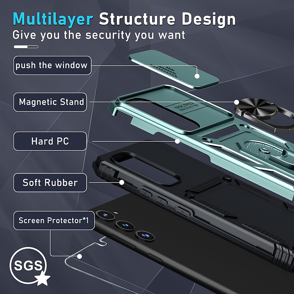 Janmitta Compatible with Galaxy A54 5G Case Built in Slide Camera Lens Cover and Screen Protector,Heavy Duty Shockproof Phone Cover,Built in Ring Stable Holder Kickstand,2023 Dark Green