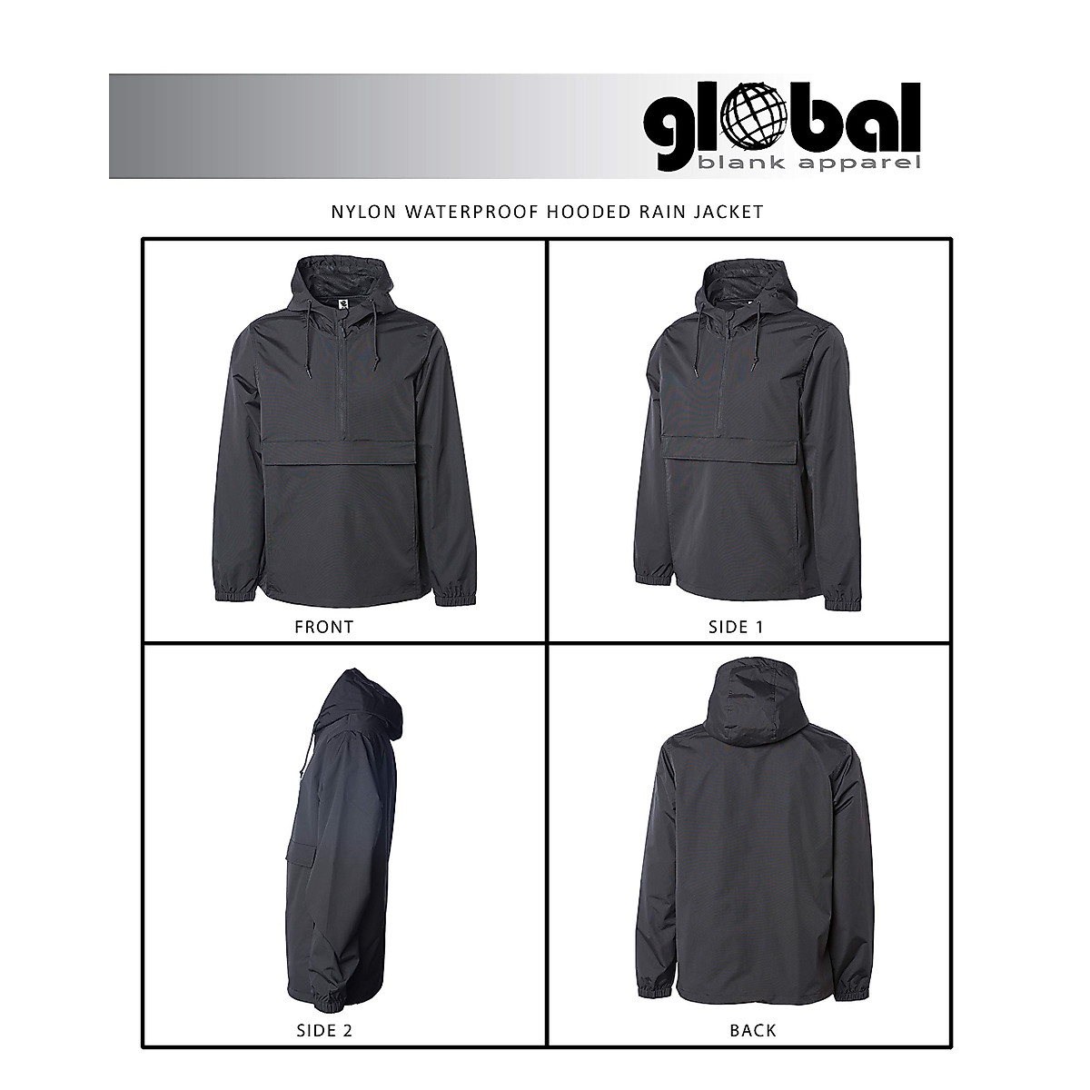 Global Blank Windbreaker Men’s Rain Jacket, Waterproof Hoodie Zip-Up Anorak, Black, Large