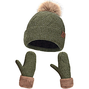 MAYLISACC Cable Knit Beanie-Hats and Mittens-Gloves-Set for Women Fleece Lined Winter Ski Caps with Fuax Fur Pom Pom, Green