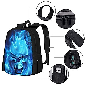 ALIFAFA Skull School Backpack Cool Skull with Blue Fire Bookbag for Boys Girls Elementary Middle High College School Casual Travel Bag Computer Laptop Daypack Rucksack, 17 Inch