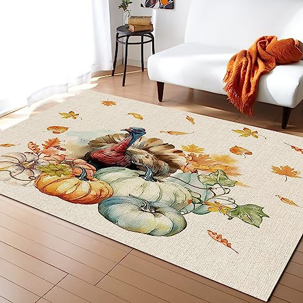 OComster Thanksgiving Rectangle Shape Large Area Rugs - 4 x 6 Feet Pumpkin Teal Orange Turkey Fall Maple Leaves Burlap - (Non-Woven + Rubber) Low File Floor Mat