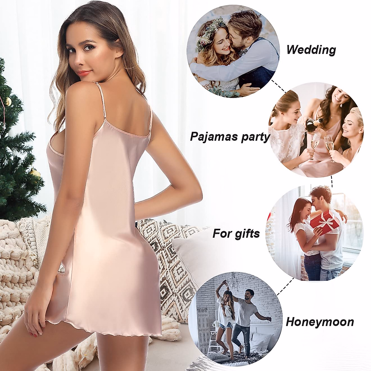 Litherday Women's Satin Nightgown Silk Slip Sleepwear Sexy V Neck Negligee Lingerie Short Nightwear Mini Dress Champagne Gold Medium