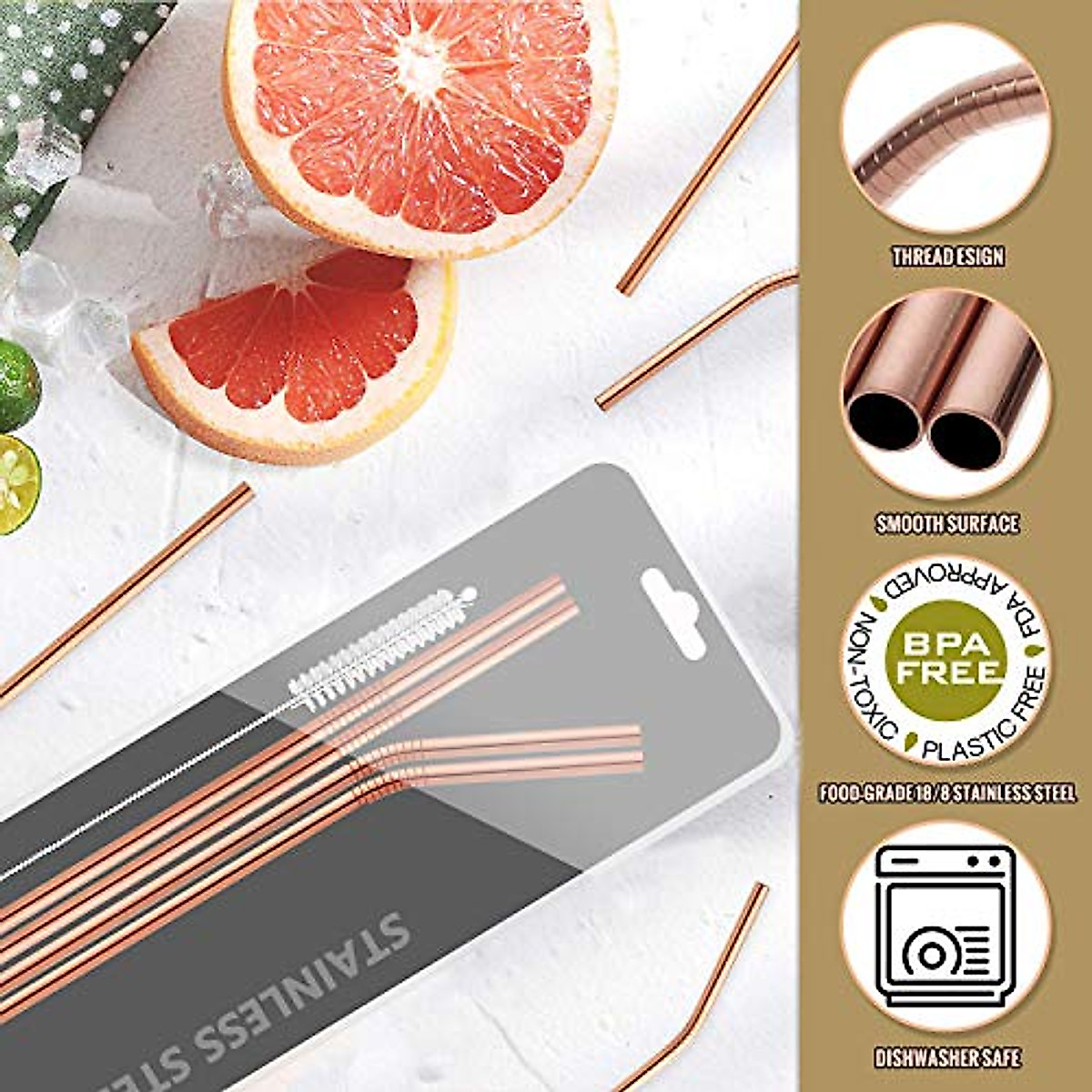 AIPRODA Long Reusable Stainless Steel Straws,Fits 30 oz Tumbler & 20oz Tumblers,Eco Friendly Drinking Straws,Set of 4 Stainless Steel Straws (2 Straight+2 Bent+1 Brush)(rose gold)