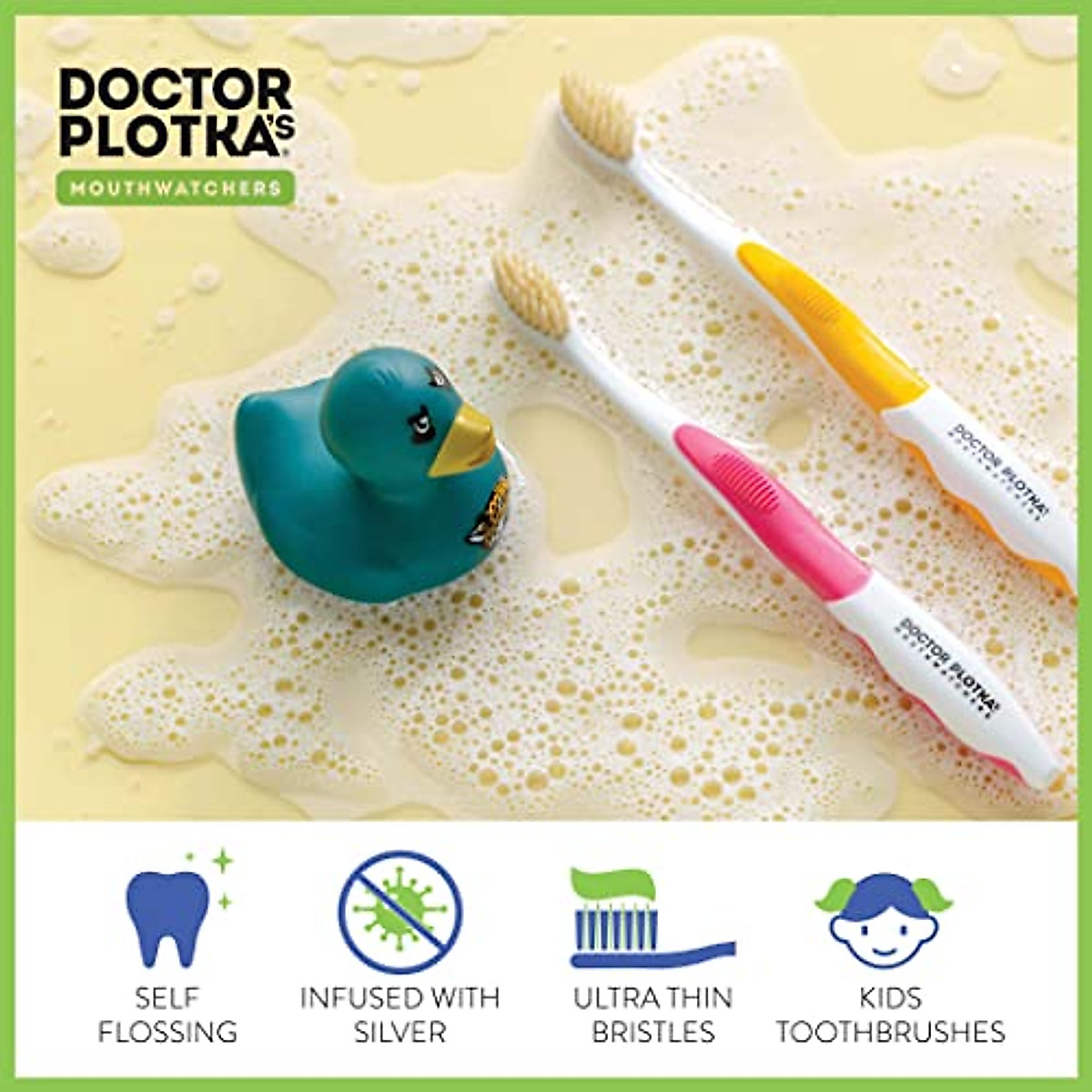 MOUTHWATCHERS Dr Plotkas Extra Soft Kids Toothbrushes Manual Flossing Toothbrushes | Ultra Clean Nano Toothbrushes | 4 Pack – 2 Yellow and 2 Pink Childrens Toothbrushes