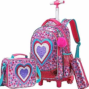 JSMNIAI Rolling Backpack for Girls Backpack with Wheels Kids Luggage for Elementary Students with Lunch Box Set Love Travel Suitcase for Girls Age 6-8