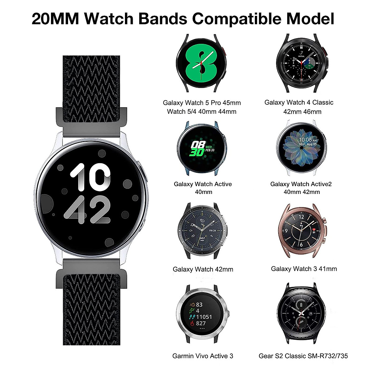 Stretchy Bands Compatible with Samsung Galaxy Watch 5/4/6 40mm 44mm/Watch 5 Pro 45mm/Watch 4 Classic 42mm 46mm, 20mm Nylon Strap for Galaxy Active 2 40 44mm/Active 40mm/Watch 3 41mm/Galaxy Watch 42mm