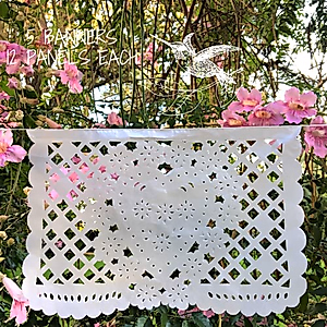 White Papel Picado Mexican Paper -5Pack- Medium Mexican White Banners -60 Panels Wedding Bridal Decorations Garland Flags 16 Feet Long Each Strip -Handmade by Mexican Artisans