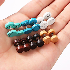 6 Pairs 8MM Marble Stone Wood Screw Stud Earrings Set,Cupimatch Ear Piercing Plugs Faux Gauges Illusion Tunnel Earrings (8 mm)