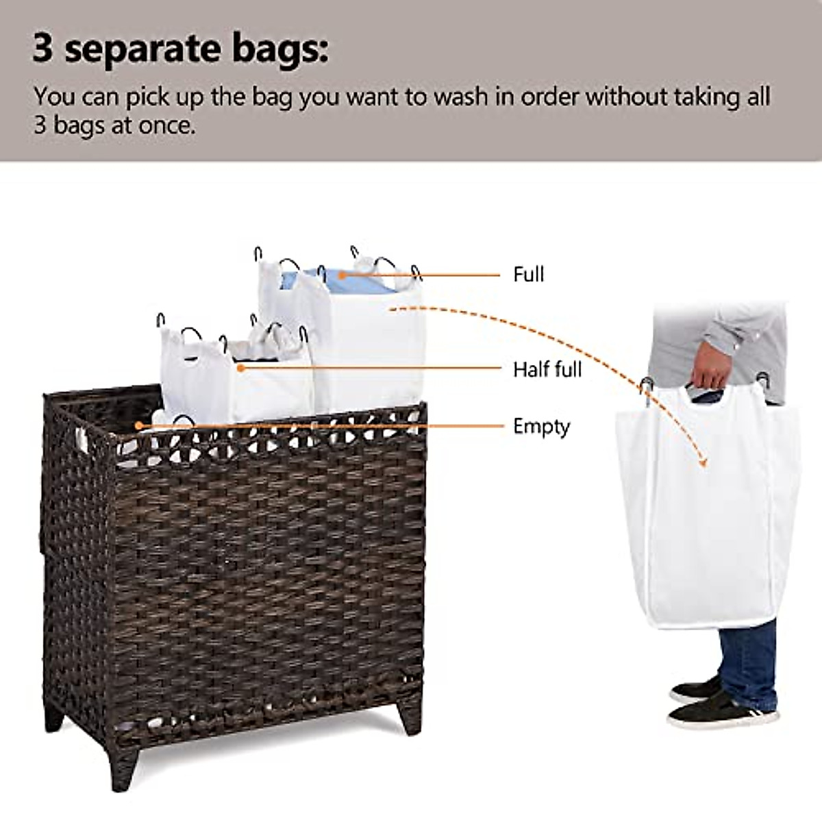 Laundry Hamper with 3 Removable Liner Bags; 132L Handwoven Rattan Laundry Basket with Lid & Heightened Feet; Clothes Hamper with Side Handles; Laundry Sorter with 3 Separate Sections (Brown)