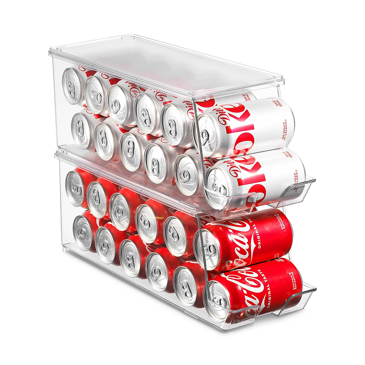 Set of 2 Stackable Refrigerator Organizer Bins Pop Soda Can Dispenser Beverage Holder for Fridge, Freezer, Kitchen, Countertops, Cabinets - Clear Plastic Canned Food Pantry Storage Rack Holds 12 Cans