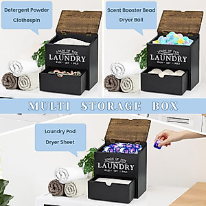 Dryer Sheet Container for Laundry Room Organization, Laundry Pods Container with Lid and Drawer, Laundry Detergent Dispenser Organizer Box, Wood Dryer Sheet Holder for Laundry Room Decor (Black)