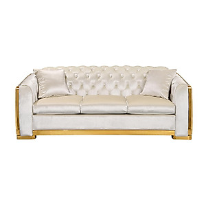 WinJoy 82.3 Inch Velvet Sofa Set for Living Room, 3 Seat Modern & Luxury Chesterfield Couch Sofa with Tufted Back&Gold Stainless Legs for Apartment, Office 2 Pillows Included Beige