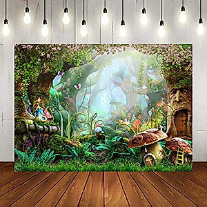 PASRLOLV 7x5ft Alice in Wonderland Backdrop, Fairy Tale Photo Backdrop, Forest Photography Background for Boy Girl Birthday Party Banner Newborn Baby Shower Decoration Photo Booth Prop, Vinyl