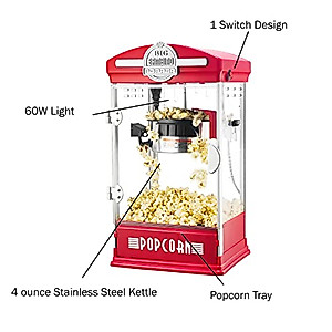Great Northern Popcorn Big Bambino Popcorn Machine - Old Fashioned Popcorn Maker with 4-Ounce Kettle, Measuring Cups, Scoop and Serving Cups (Red), 10.8" x 9.7" x 19.5"